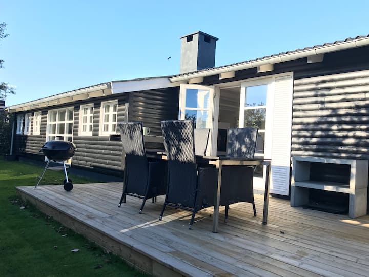 Træhus Med Brændeovn, Træningsstativ Og Trampolin - Esberg