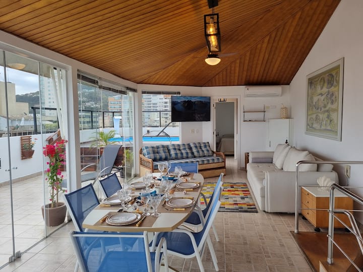 Cobertura, 4 Suites Piscina, Vista Total P O Mar! - Guarujá
