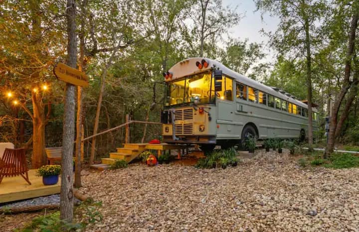 School Bus Converted Into Tiny Home In The Woods! - Cedar Creek, TX