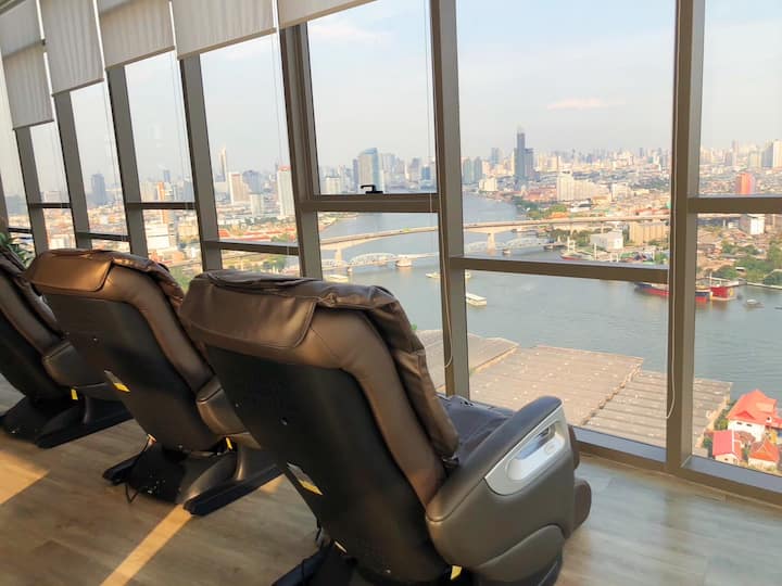 King S. Bed | Large Working Tb. | 180° River View - Bangkok