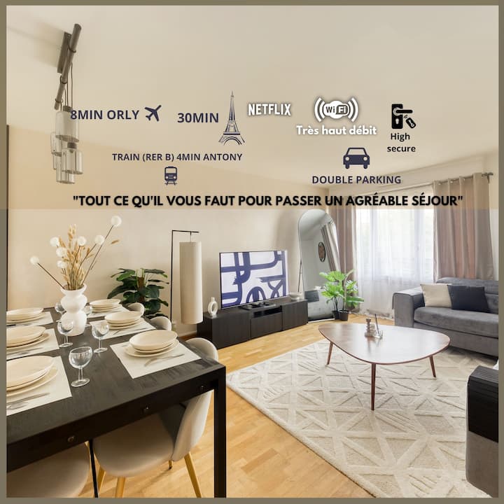 L’îlot Zen Orly• 6pers•parking •Famille•pro• Wifi - Ibis Orly Chevilly Tram 7