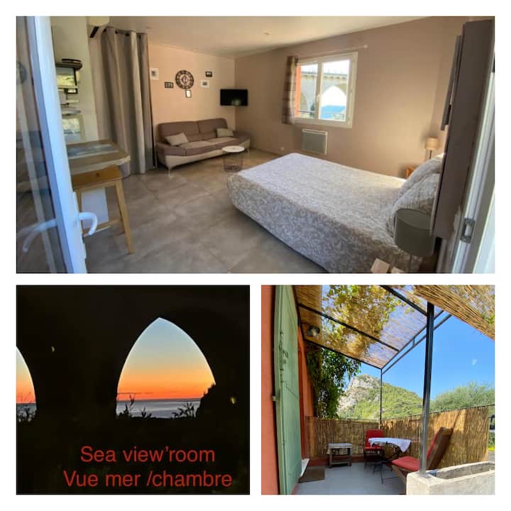 Charmant Studio Villa, Climatisé, Parking, Vue Mer - エズ