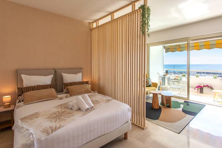 Stunning Sea View Boho-chic Ac Terrace Parking - Villeneuve-Loubet