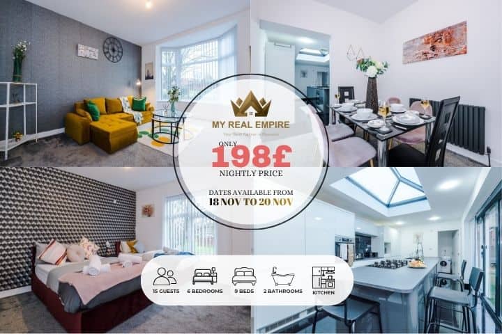 超值住宿！每晚 £198，6 卧 9 床 2 卫，可容纳 15 人！另享免费停车 - Oldham