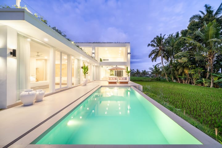 Luxe Minimalist 2br Villa W/ Rice Field View & Gym - Indonesia