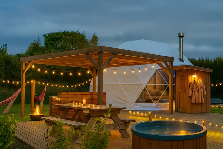 Luxury Geo Dome, Hot Tub, Sauna, Alpaca Views - Pembrokeshire