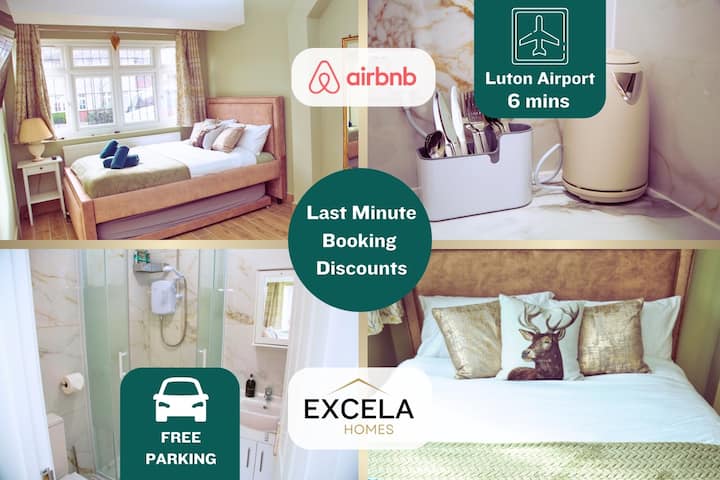 Luton Airport 6–8 Mins | Free Parking | Sleeps 4 - Luton