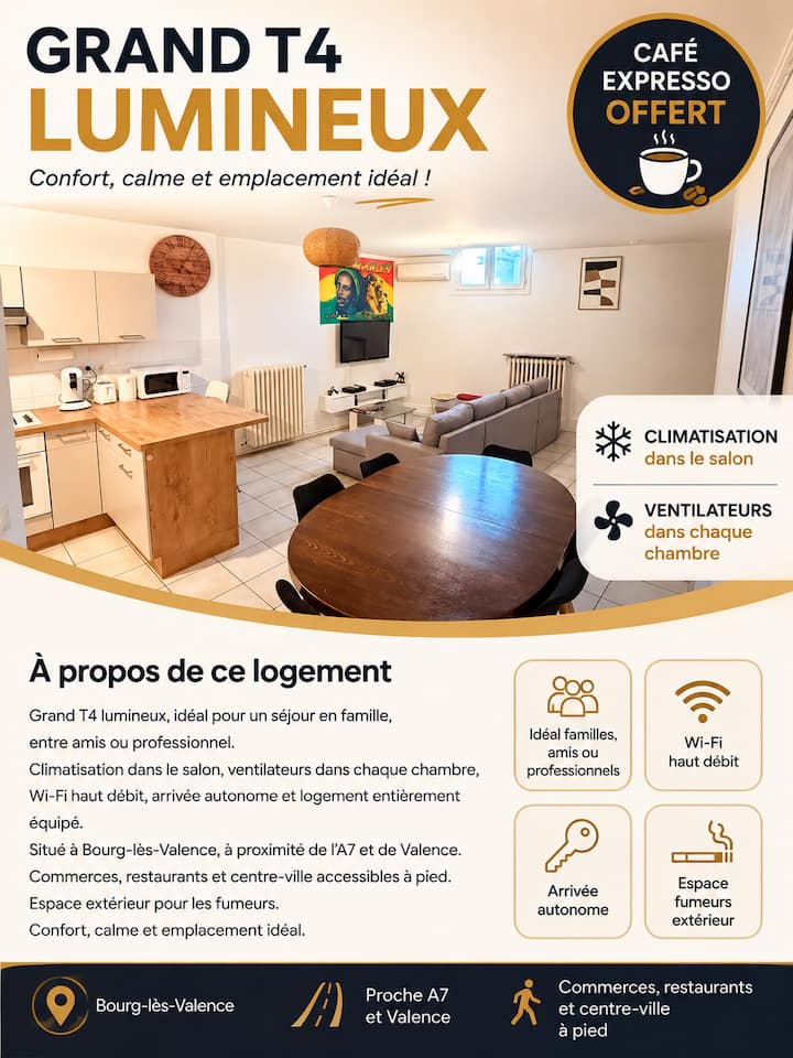 Grand T4 Climatisé Proche A7 Wifi & Calme. 2 Ch. - Bourg-lès-Valence