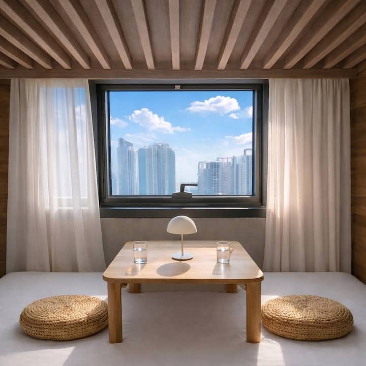 4인 송도 감성숙소 고층 씨티뷰 복층 아늑한 침실 - Incheon