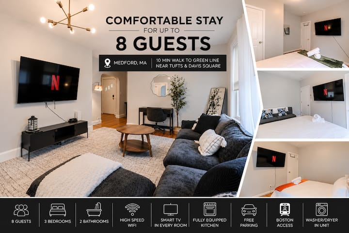 Boston | Tufts | Parking | Sleeps 8 | 3br/2ba+wifi - Cambridge