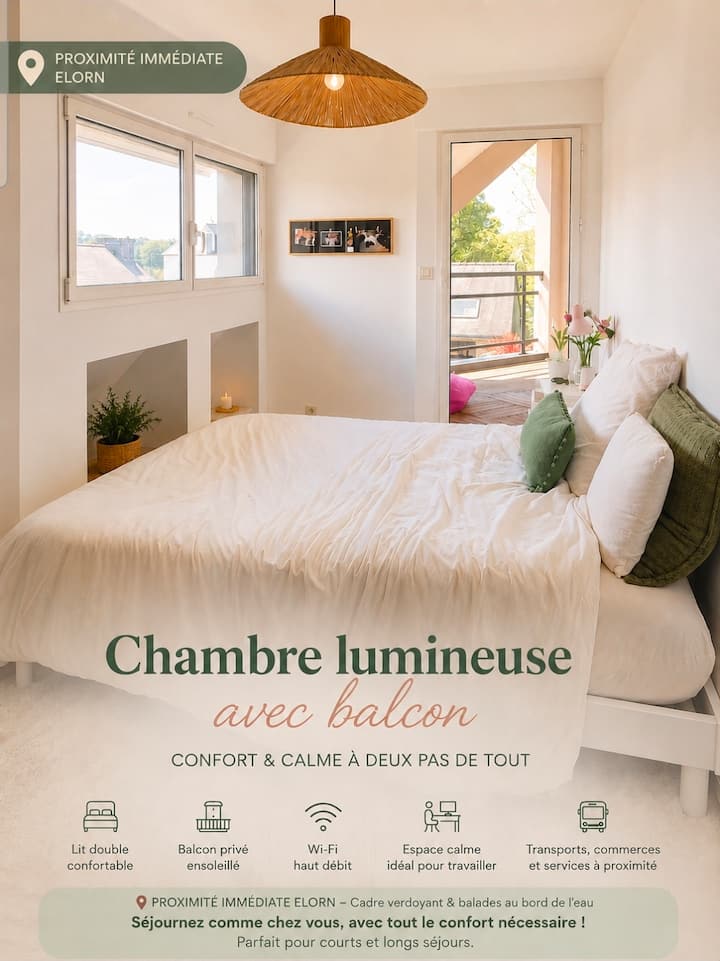 Chambre Lumineuse Avec Balcon, Proximité Elorn - Landerneau