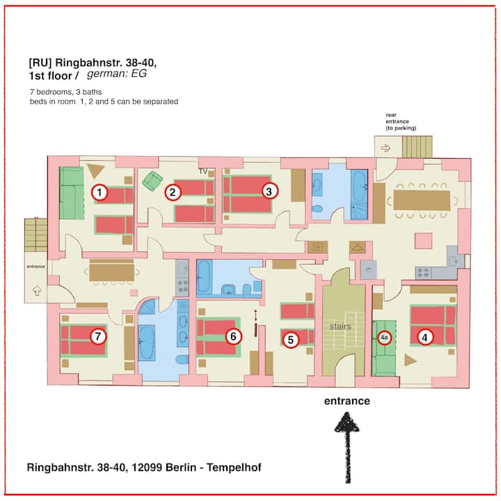 [Ru] 7 Bedrooms, 3 Bathrooms, Max 18, @Tempfeld U-bahn - Berlijn