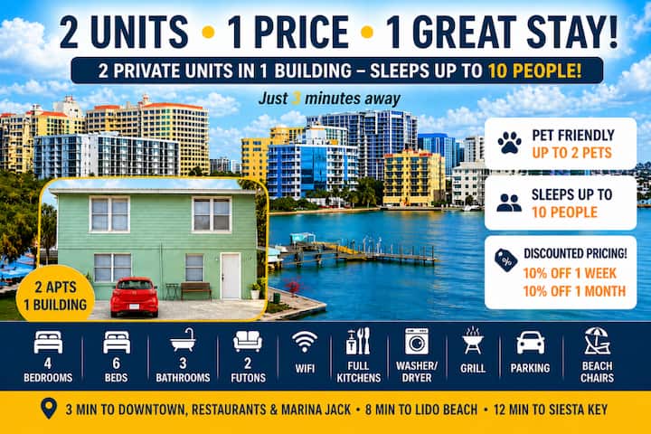Duplex, 2 Apts, 4br/3bt, Downtown Area (10 People) - Sarasota, FL