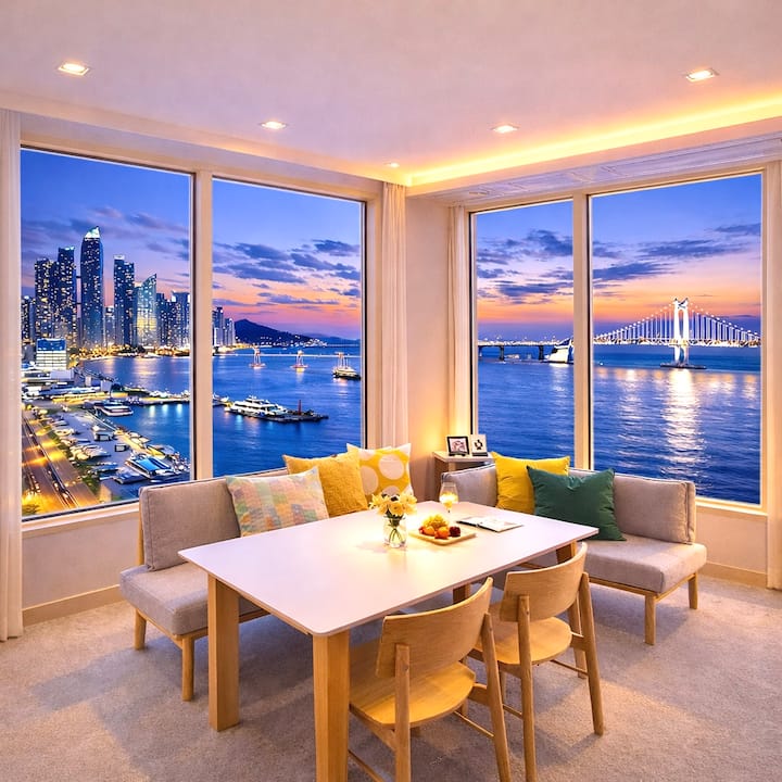 1등숙소/광안대교풀오션뷰+해운대씨티뷰/3룸(넓은침실2개+거실)/퀸침대3/무료주차/5성호텔급 - Busan