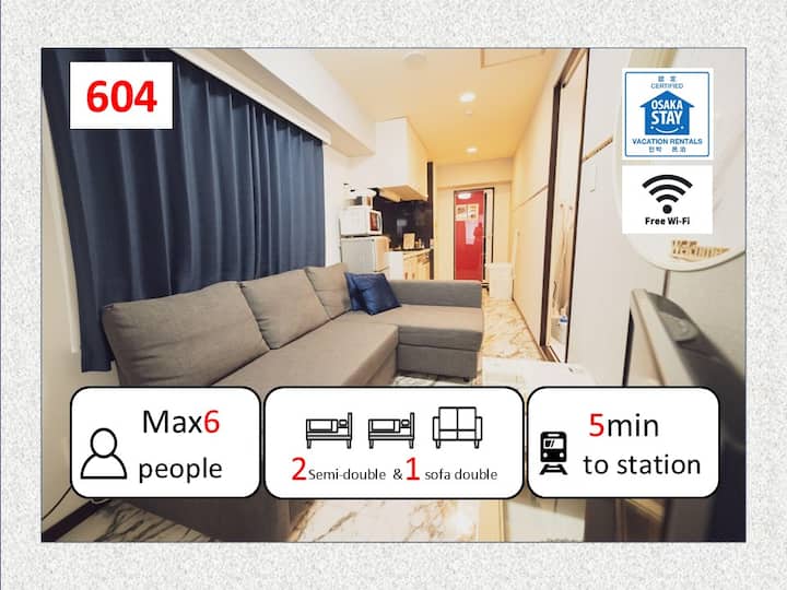 604 【心斎橋徒歩10分・本町駅5分! 】1ldk、最大6名! - Osaka