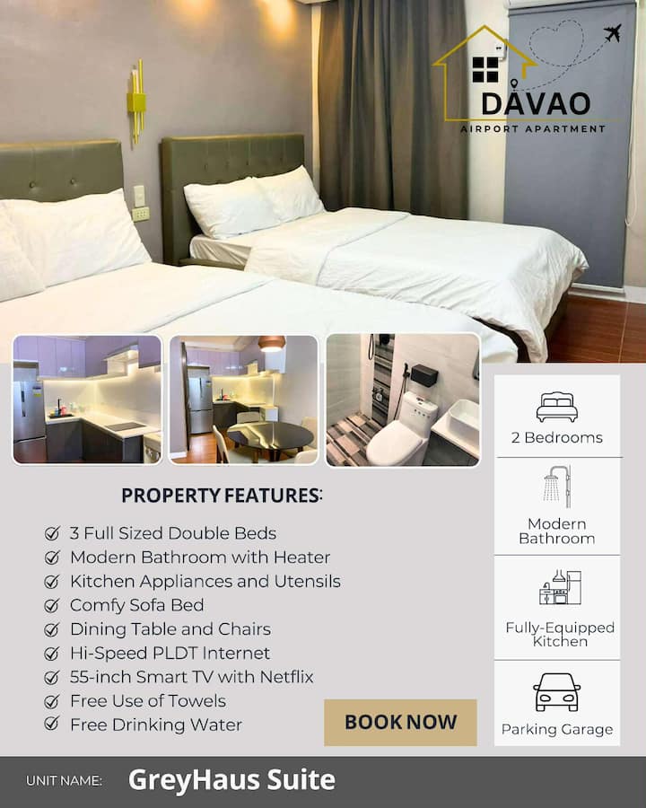 2br Apartment 5-min Airport | Greyhaus Suite - Davao City
