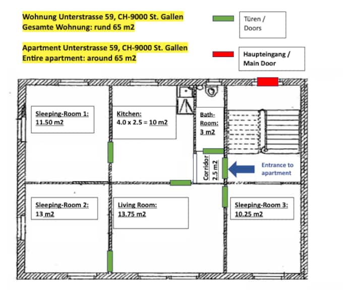 1 Flat - 3 Bedrooms - Living - Kitchen - Bath - St. Gallen