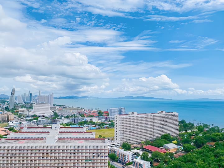 Xj芭提雅正海景高层全新二室一厅套房/24小时可入住/曼谷接送服务/中天海滩夜市/泳池/健身房 - Jomtien