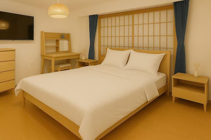 【青麦宿泊｜舒适大床】近早稻田大学｜原木风设计｜超大电视｜迷你厨房｜Near Waseda - Shinjuku Station