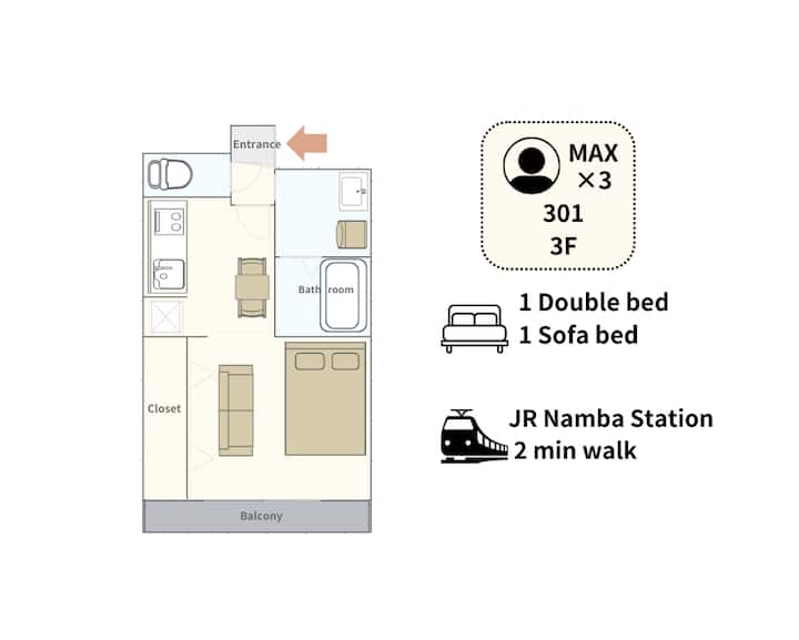 【Max3/3f】namba St5mins/dotonbori10mins/301/a6202 - Ōsaka