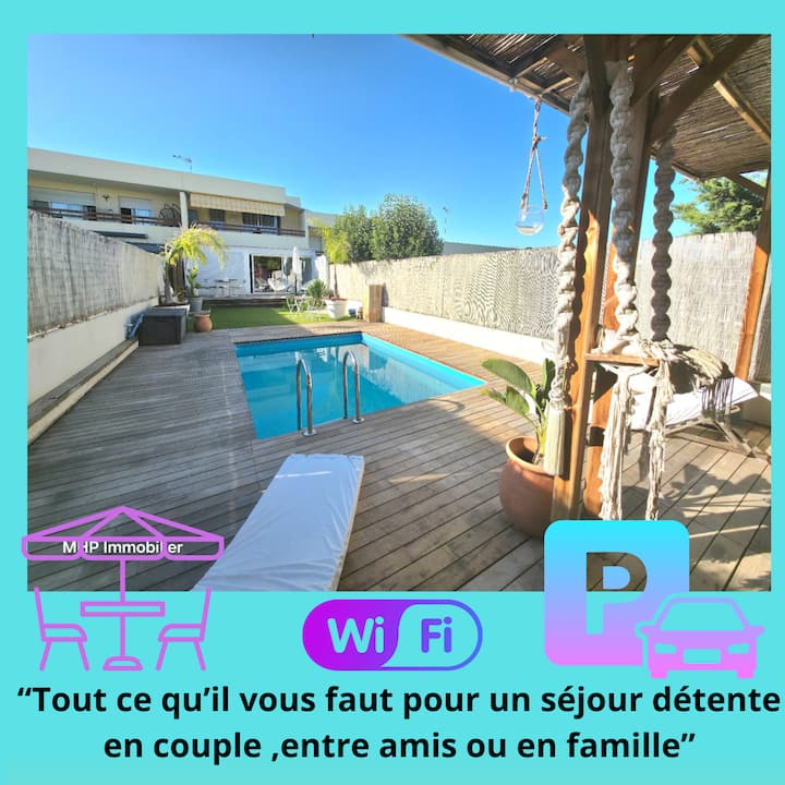 La Palombière T2, Jardin, Piscine - 卡涅