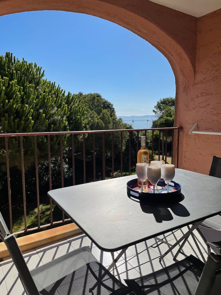 T3 Vue Mer Les Pieds Dans L'eau + Piscine + Clim. - Île de Porquerolles