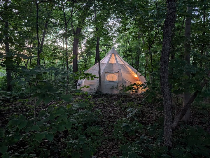 Huge Tent, Queen Bed In Forest On Farm W Animals - イリノイ州