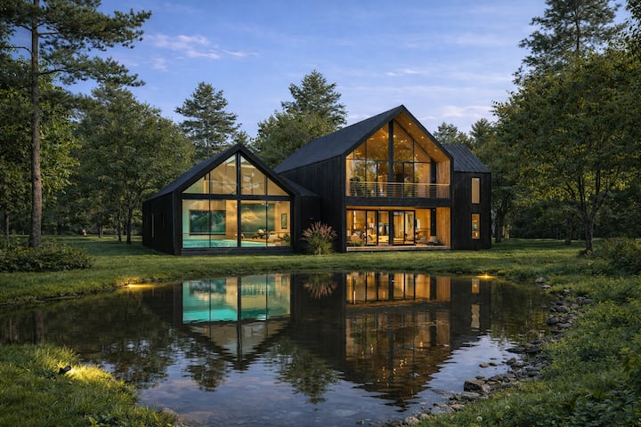 Modern Scandinavian Villa Indoor Pool Lake Stream - Pennsylvania
