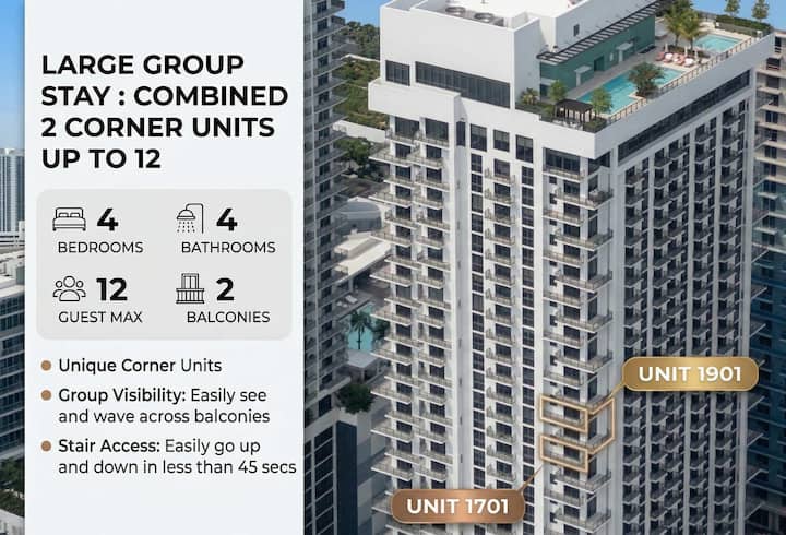 Large Group 4br I 2 Combined Corner Units Sleep 12 - Miami, FL