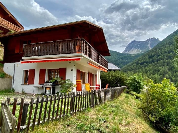 Outside: Chalet For 6 People Near The St-luc Funicular, Terrace With Garden Furniture And Barbecue, - Vercorin