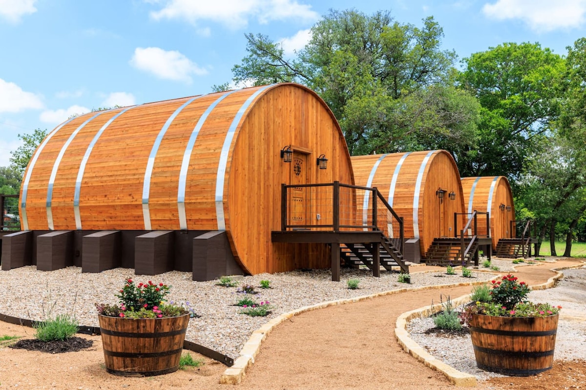 Cabernet Wine Barrel Cabin - Cabins for Rent in Fredericksburg, Texas ...